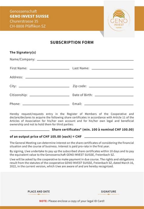 Subscription Form Geno Invest Suisse