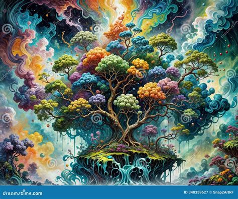 Surreal Visual Representation Of The Tree Of Life In Full Color Stock Illustration