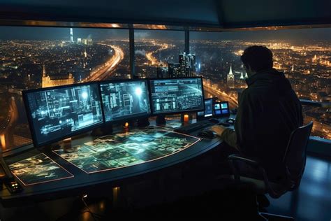 Premium Ai Image Photo Of A Man Working At A Desk With Multiple Computer Screens City Traffic
