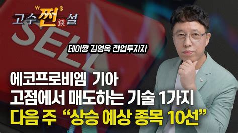 [ 고수쩐설] 고점에서 매도하는 기술 1가지 다음 주에 오를 것 같은 종목 10선 기아 에코프로비엠 데이짱 김영옥 전업투자자 Youtube