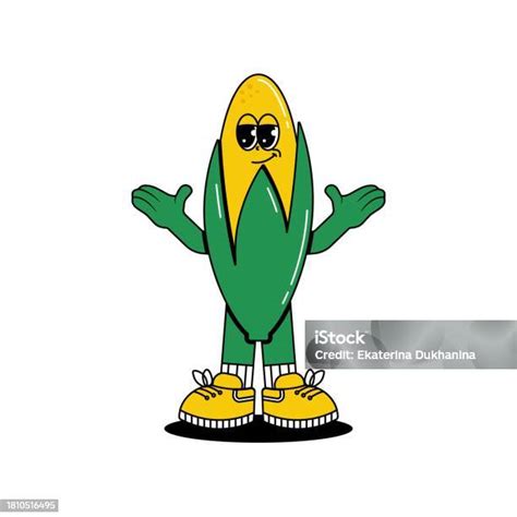 복고풍 그루비 만화 캐릭터 야채 옥수수 사이키델릭 미소와 감정을 가진 빈티지 재미 마스코트 스티커 귀여운 만화 벡터 일러스트 레이 션 1960 1969 년에 대한 스톡 벡터