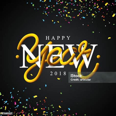 행복 한 새 해 2018 그림 고리로 연결된 튜브 타이 포 그래피 디자인 및 검은 배경에 화려한 색종이 벡터 휴일 Eps 10 디자인입니다 2018년에 대한 스톡 벡터 아트