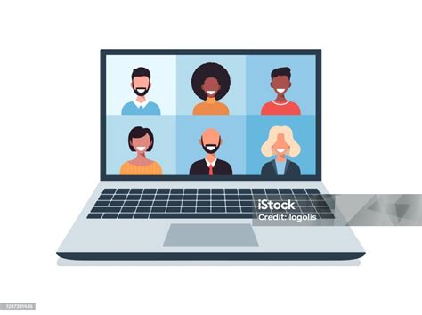 一群人在視頻會議中交談 社會疏遠人們通過遠端辦公系統進行通信的向量圖向量圖形及更多團結圖片 團結 虛擬實境 互聯網 Istock