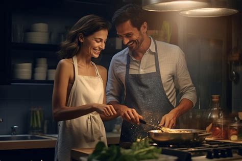 Premium Ai Image Happy Woman And Man Cooking And Preparing Food In