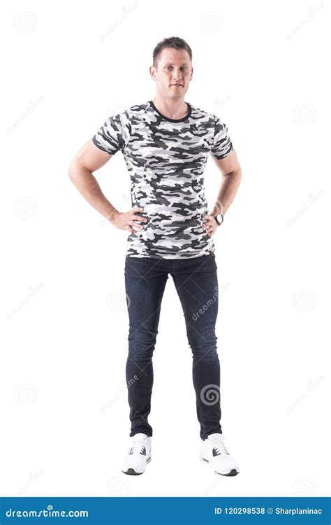 Relaxed Happy Caucasian Adult Man Standing With Hands On Hips And