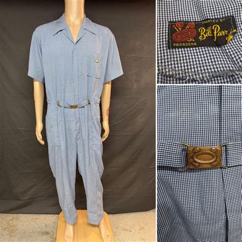 Vintage Unisex 1970s Blue Plaid Utility Coveralls Outfit Shirt Sleeve