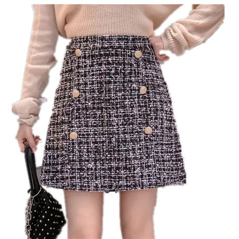 2018 Autumn Fashion Women A Line Tweed Skirt Gold Buttons Winter Mini
