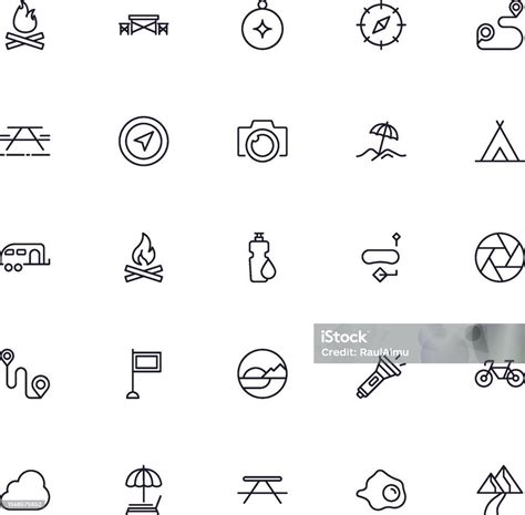 여행 아이콘 세트입니다 웹 디자인 Ui 디자인 모바일 앱 등을 위한 야외 활동 사인 모음 긴장을 풀고 윤곽선 아이콘을 클릭합니다 흰색 바탕에 캠핑 검정 픽토그램 0명에 대한