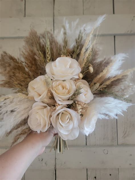 Pampas Grass Boho Wedding Bouquet Brown And Beige Bouquet White Rose