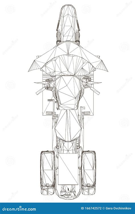 Motorcycle Wireframe Made Of Black Lines Isolated On A White Background View From Above Stock