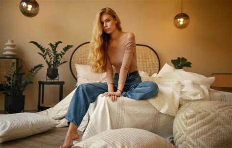 Wallpaper Girl Pose Bed Jeans Pillow Blonde Long Hair Ivan