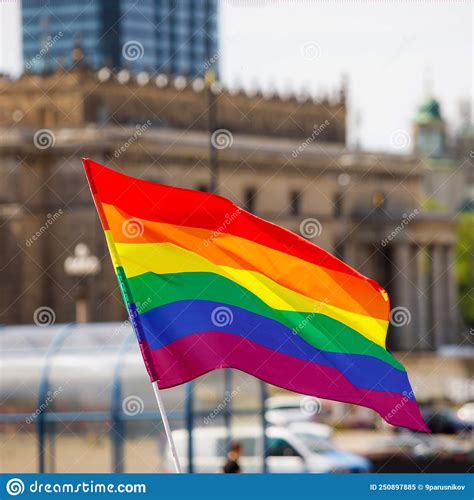 Lgbt Pride Rainbow Flag During Parade In The City Stock Image Image