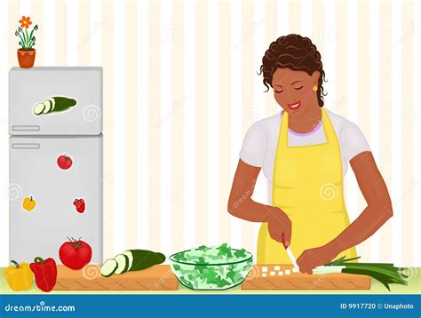 Femme Africaine Faisant Cuire La Salade Dans La Cuisine Illustration De