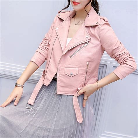 Women Fashion Zipper Motorcycle Pink Leather Jacket Maker Of Jacket