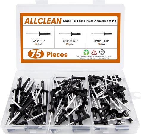 Allclean 3 16 X 5 8 3 4 1 Tri Fold Rivets Assortment 75pcs Black Tri Fold