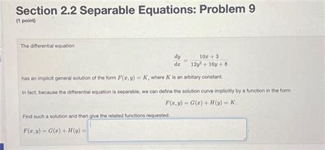 Solved Section 2 2 Separable Equations Problem 9 1 Point