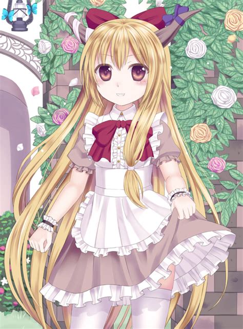 Safebooru Alternate Costume Apron Blonde Hair Bow Brown Hair Dress