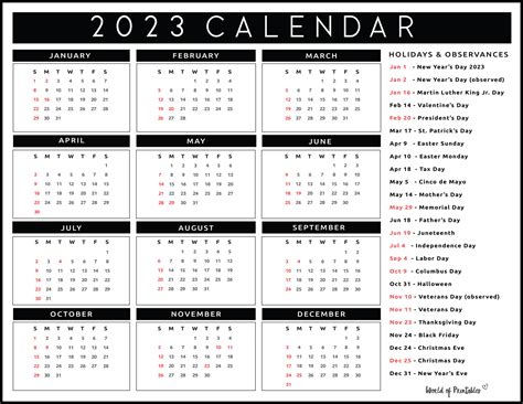 2023 Calendar With Holidays World Of Printables
