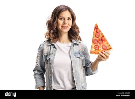 Young Beautiful Casual Woman Holding Pepperoni Pizza Slice Isolated On