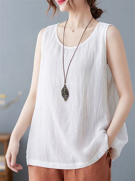 Cotton Solid Round Neck Sleeveless Casual Tank Top