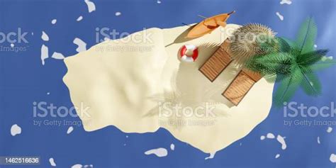 우산 야자수 구명부표 해변 보트 바닷물 배경에 고립된 섬이 있는 해변 의자 여름 여행 개념 3d 그림 또는 3d 렌더링 상위 뷰
