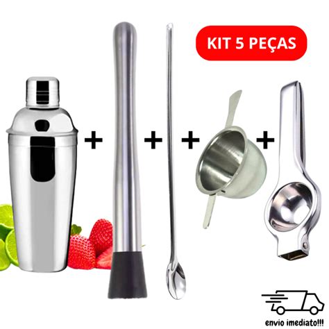 Kit Coqueteleira Inox 750 ml 5 peças Socador Colher Bailarina Dosador