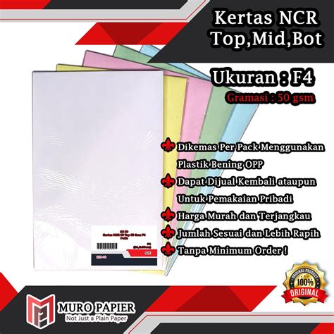 Jual Per Pak Isi 50 Kertas Ncr Top Mid Bottom 55 Gsm F4 By Muro