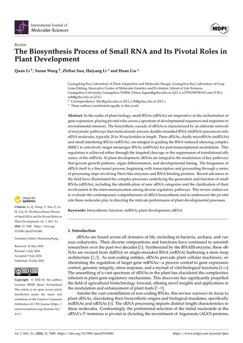 Pdf The Biosynthesis Process Of Small Rna And Its Pivotal Roles In Plant Development