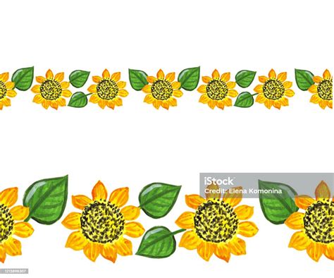咲く黄色のヒマワリと緑の葉夏の油糧種子の花白い背景に隔離されたシームレスな花の境界線 まぶしいのベクターアート素材や画像を多数ご用意