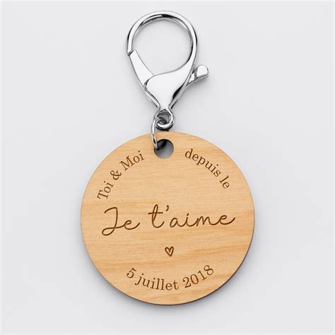 Porte clés gravé personnalisé médaille bois ronde Toi Moi HappyBulle