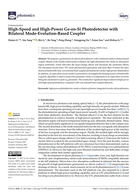 Pdf High Speed And High Power Ge On Si Photodetector With Bilateral Mode Evolution Based Coupler