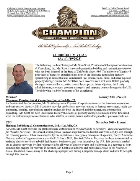 Presidents Cv Champion Construction And Consulting Inc