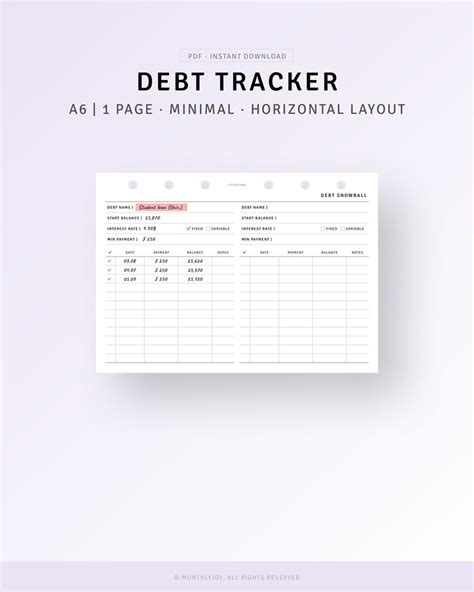 Debt Payoff Tracker A6 Planner Printable Debt Snowball Etsy