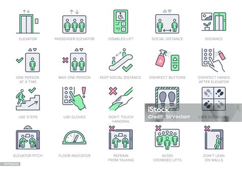 엘리베이터 라인 아이콘입니다 벡터 일러스트아이콘 서비스 리프트 주차 장애인 오두막 보안 카메라 액세스 버튼 개요 Pictogram 녹색 색상 편집 가능한 스트로크 아이콘에