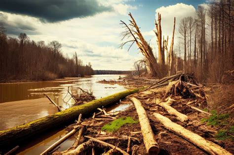 Flood In Forest District With Felled Trees And Tree Trunks Flood