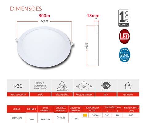 Kit 10 Painel Led 24w Redondo Embutir Luz Amarela 3000K Bivolt Avant