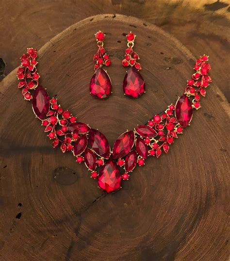Red Necklace Red Rhinestone Necklace And Earrings Set Red Prom