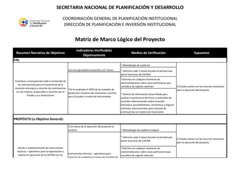 Matriz De Marco Lógico Del Proyecto