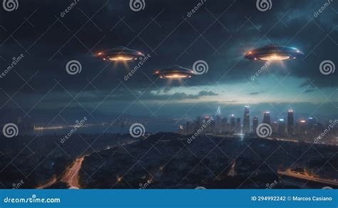 Three Ufos With Lights In The Night Sky Flying Over A City Stock
