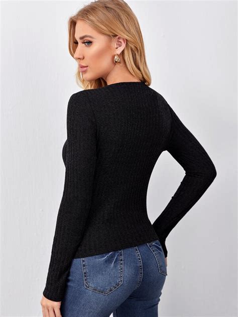 SHEIN Rib Knit Solid Form Fitted Tee SHEIN USA