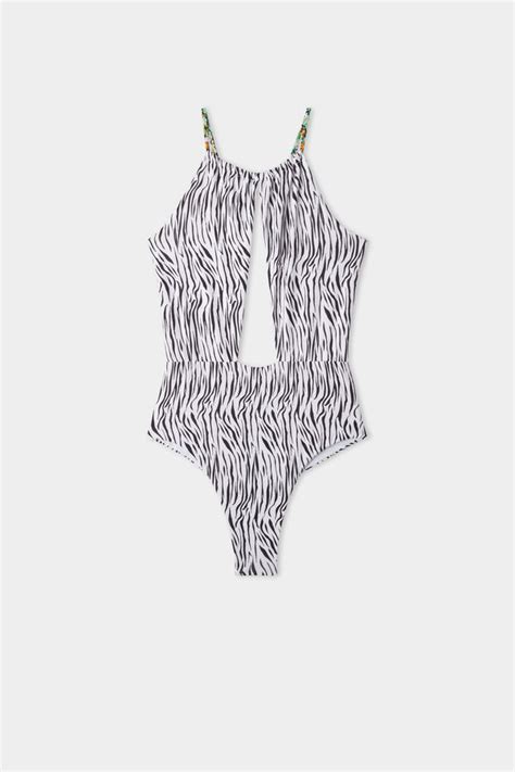 Pretty Flower Zebra Plunge One Piece Swimsuit Tezenis