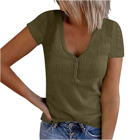 Joau Womens Ribbed Knit Button Down Tight Slim Fitted Tee Tops Sexy V