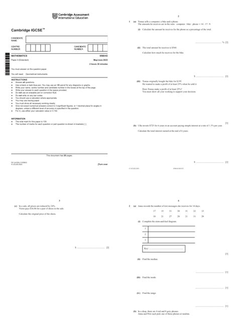 Igcse Mathematics 0580 43 Paper 4 May June 2023 Pdf Area Triangle