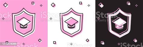 분홍색과 흰색 검은 색 배경에 격리 된 방패 아이콘으로 졸업 모자를 설정합니다 보험 개념 보안 안전 보호 개념을 보호합니다 벡터 검은색에 대한 스톡 벡터 아트 및 기타