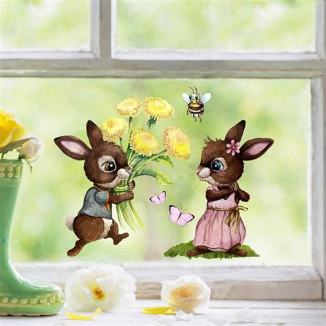 Amazon de Fensterbild Hase Häschen Hasenpärchen Schmetterlinge wiederverwendbar Fensterdeko