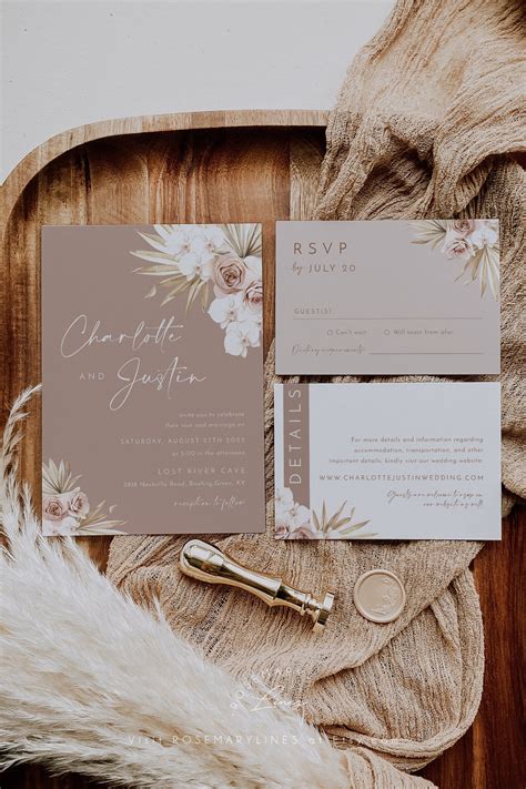 Dusty Rose Wedding Invitation Template Pale Blush Boho Etsy