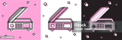 스캐너 아이콘을 분홍색과 흰색 검은색 배경으로 분리합니다 스캔 문서 종이 복사 인쇄 사무용 스캐너 벡터 0명에 대한 스톡 벡터