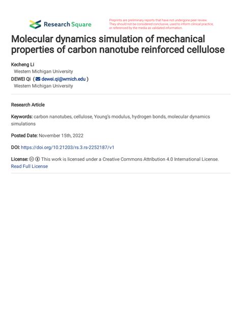 PDF Molecular Dynamics Simulation Of Mechanical Properties Of Carbon Nanotube Reinforced Cellulose
