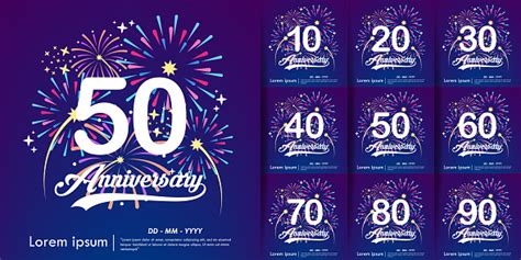50 주년 기념 헝겊 세트 화려한 불꽃 놀이 배경 흰색 기념일 로고입니다 웹 전단지 포스터 인사말 및 초대 카드를위한 벡터 일러스트 템플릿 디자인 10주년에 대한 스톡 벡터