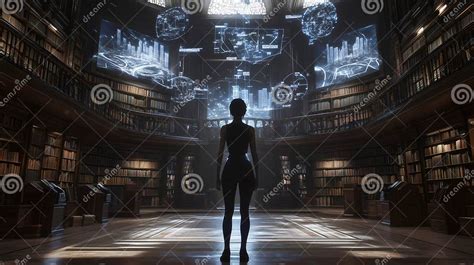 Woman Exploring Futuristic Data Visualization In Ancient Library Stock